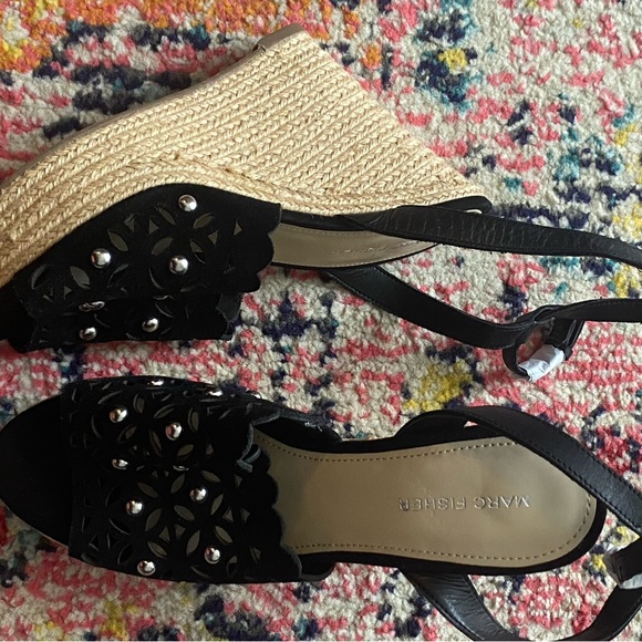Marc Fisher | Shoes | Marc Fisher Black Leather Espadrille Wedges ...